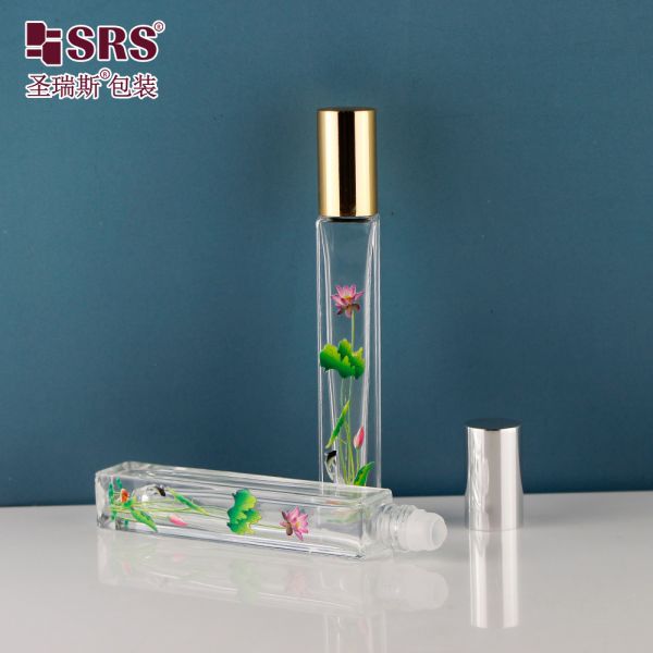 Quality 10ML Square Shape Roll On Bottles With 3D Printing Flowers Roller Ball Bottle for sale