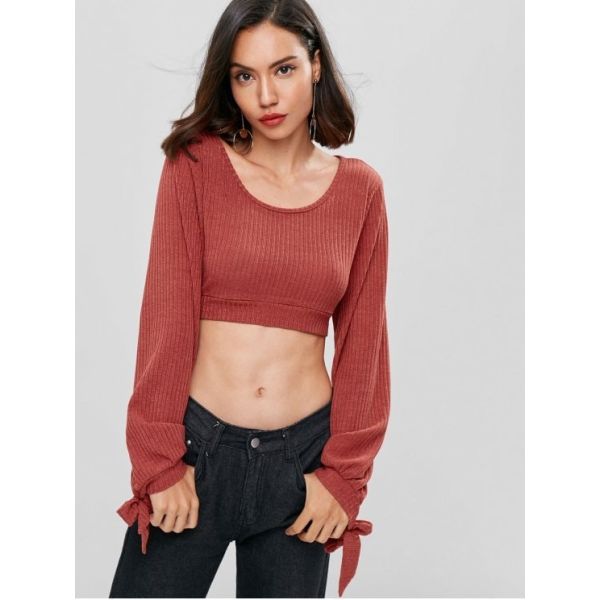 Quality Open Back Knotted Cut Out Long Sleeve Knit Top Women for sale