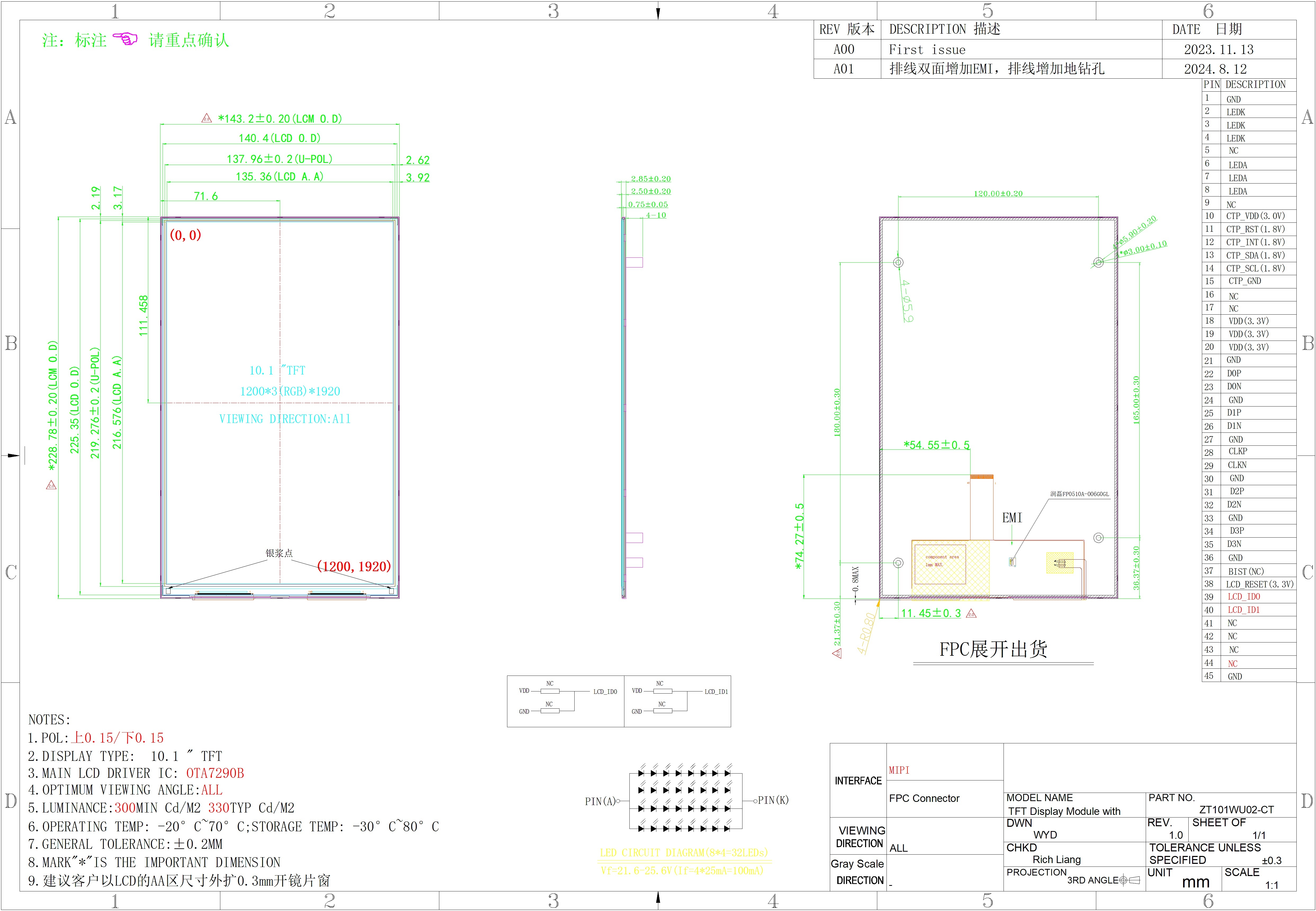 10.1'' TFT LCD Display Module With 1200x1920 Dots Resolution MIPI Interface