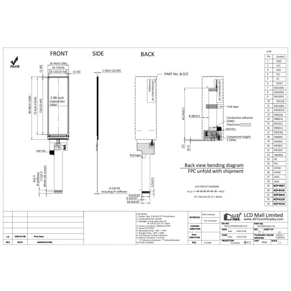 Quality LCD Mall 2.98 Inch IPS Medical TFT Display Panel 268*RGB*800 Resolution MIPI for sale