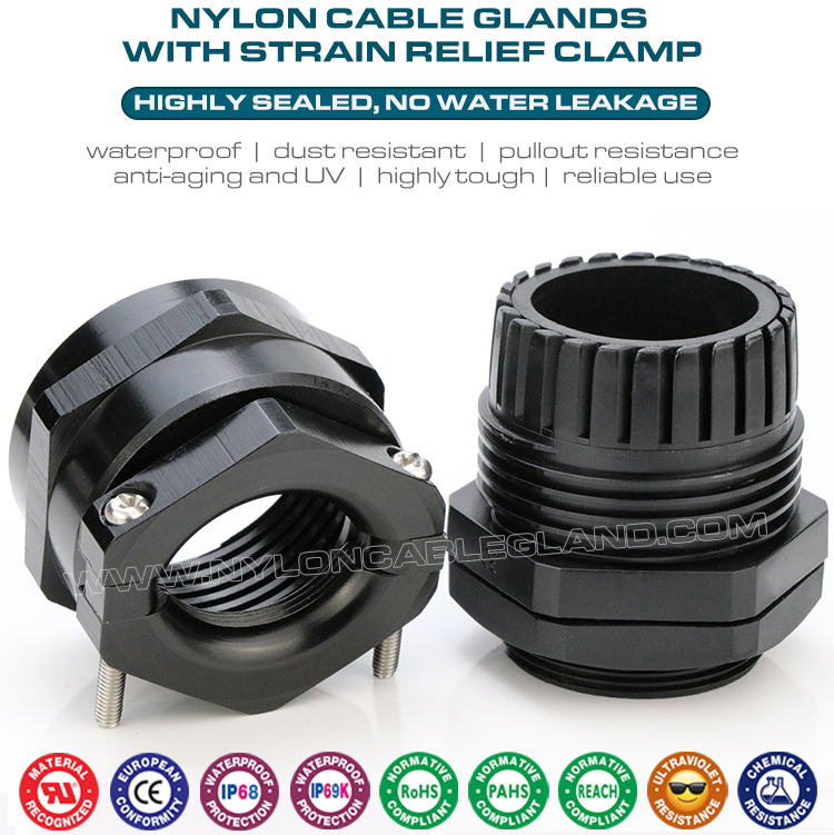 PG & Metric Plastic IP68 Cable Glands Black RAL9005 with Extra Metal Clamp (Traction Relief Clamp)