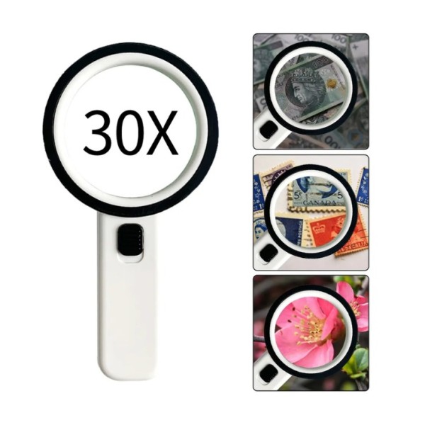 Quality Portable Simple12 LED Light Lamp 30X Handheld Large Brass Magnifier Lens Magnifying Glass with Stand for Inspection for sale