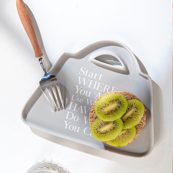 Quality Under Glazed Technique Ceramic Snack Plate Set For Cute Bag Shape Gray Serving for sale
