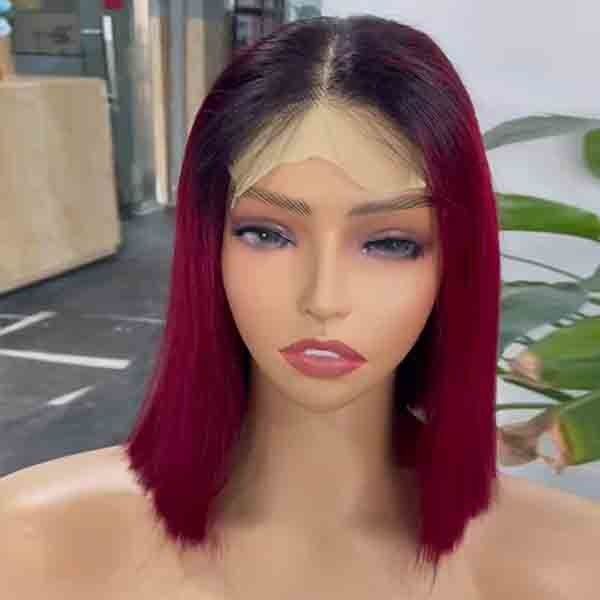 Quality Burgundy Bone Straight 4x4 lace closure wig Bob Transparent Human Hair for sale