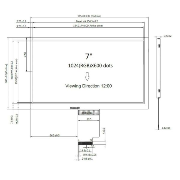 Quality 50pin RGB TFT LCD Display 7 Inch TFT LCD Module 1024x600 LCD For Home Automation for sale