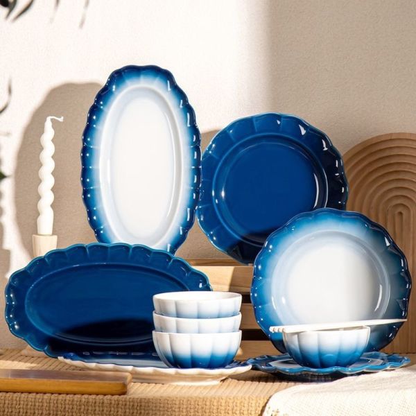 Quality 2024 Floral Ceramic Dining Plate Set Tableware Porcelain Blue Stoneware Dinnerware Set for sale
