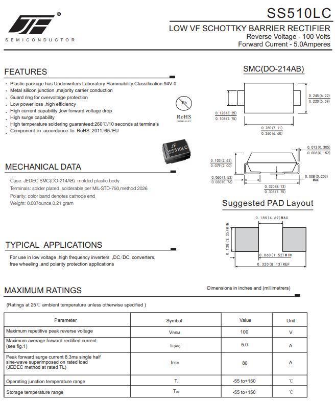 SS54LC/SS56LC/SS510LC/SS515L/SS520LC Low Vf Schottky Diodes With SMC Package