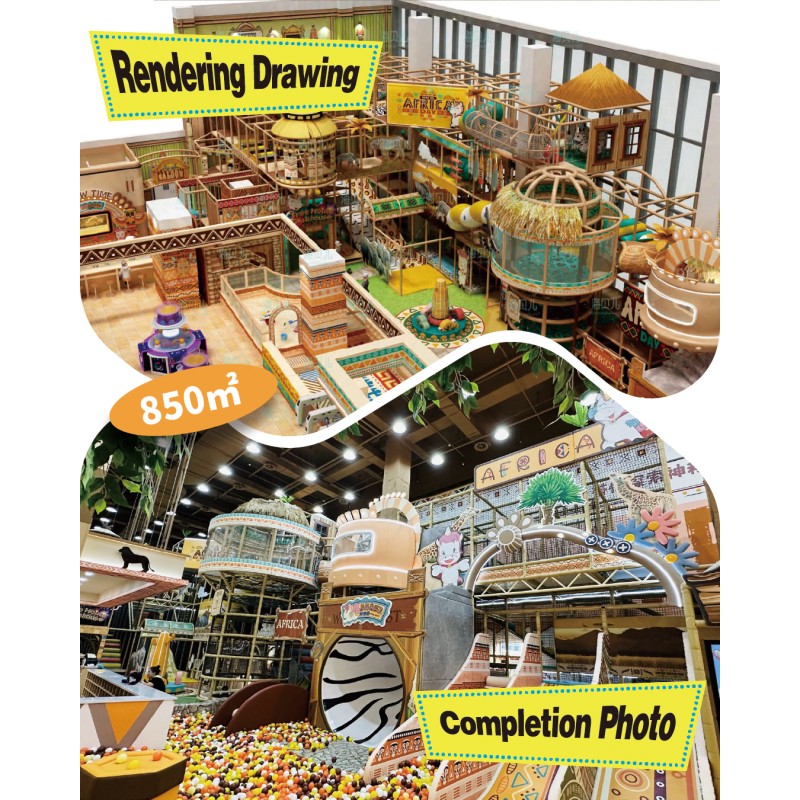 African-themed adventure playground with safari elements and natural colors