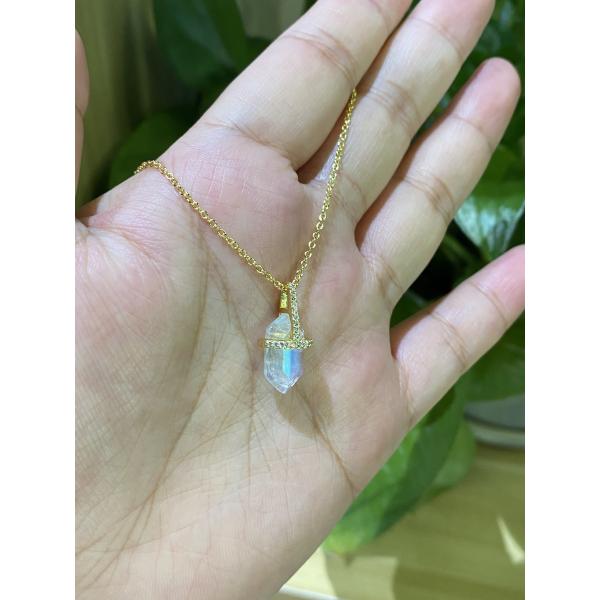 Quality Hexagonal Natural Moonstone Necklace , 14k Gold Cable Chain Necklace 14inch for sale