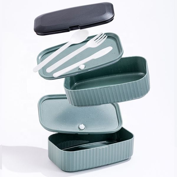 Quality Portable Dual Tier Eco-Friendly Banana Leaf Design BPA-Free Lunch Box with Cutlery Lid for sale