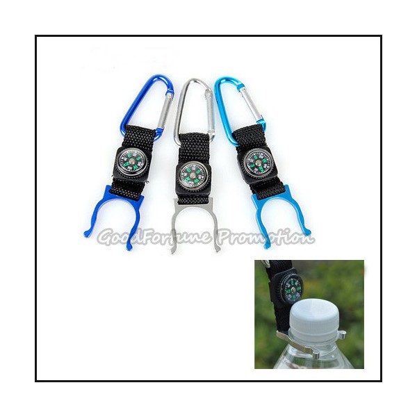 Quality printed logo carabiners mug water bottle neck hanging keychain keyrings with compass for sale