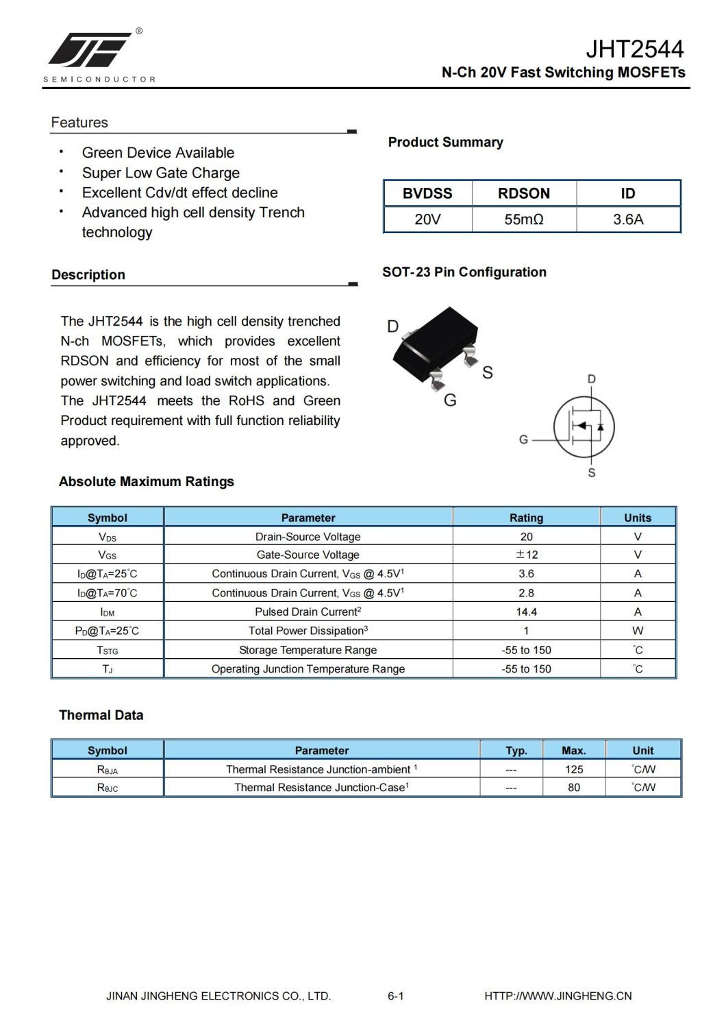JHT2544 N-Channel 20V Fast Switching MOSFET WITH SOT-23 PACKAGE