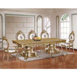 Quality Classic Gold Wooden Luxury Dining Table Set 6 Seater Chairs European Style for sale