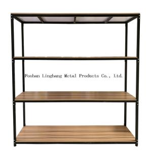 Quality H1800mm L800mm Warehouse Storage Shelves Wood And Black Metal Rack Three Layer for sale