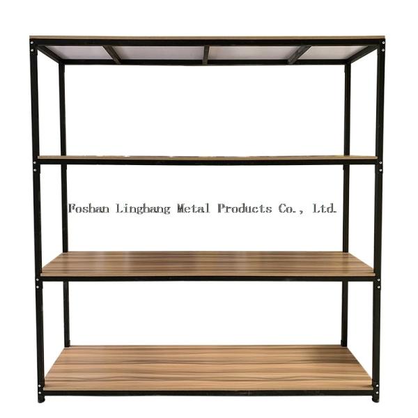 Quality H1800mm L800mm Warehouse Storage Shelves Wood And Black Metal Rack Three Layer for sale