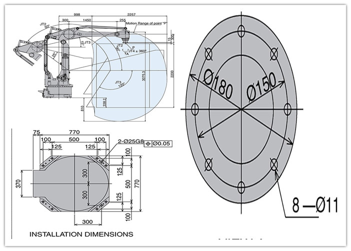 Kawasaki palletizing robot motion range and dimensional diagram