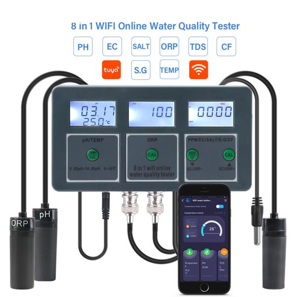 Quality Lab Pool Water Tester Tuya WiFi 8 in 1 Digital PH/TEMP/ORP/PPM/EC/SALT/S.G/CF Testing for sale