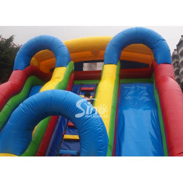 Quality 5mts high big double lane inflatable slide with arch made of 0.55mm pvc for sale