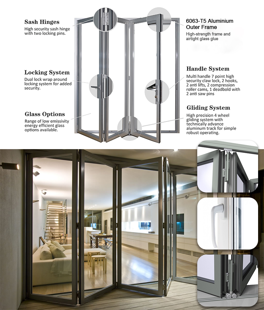 Slime Narrow Border Line Bi Fold Aluminum Patio Door Luxury Lowe Glass Slim Frame Aluminium Bifold Folding sliding door