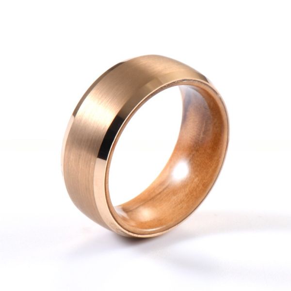 Quality Geometric 8mm Mens Wooden Wedding Ring with Olive Wood Insert Rose Gold Tungsten Carbide Beveled Edges Comfort Fit for sale