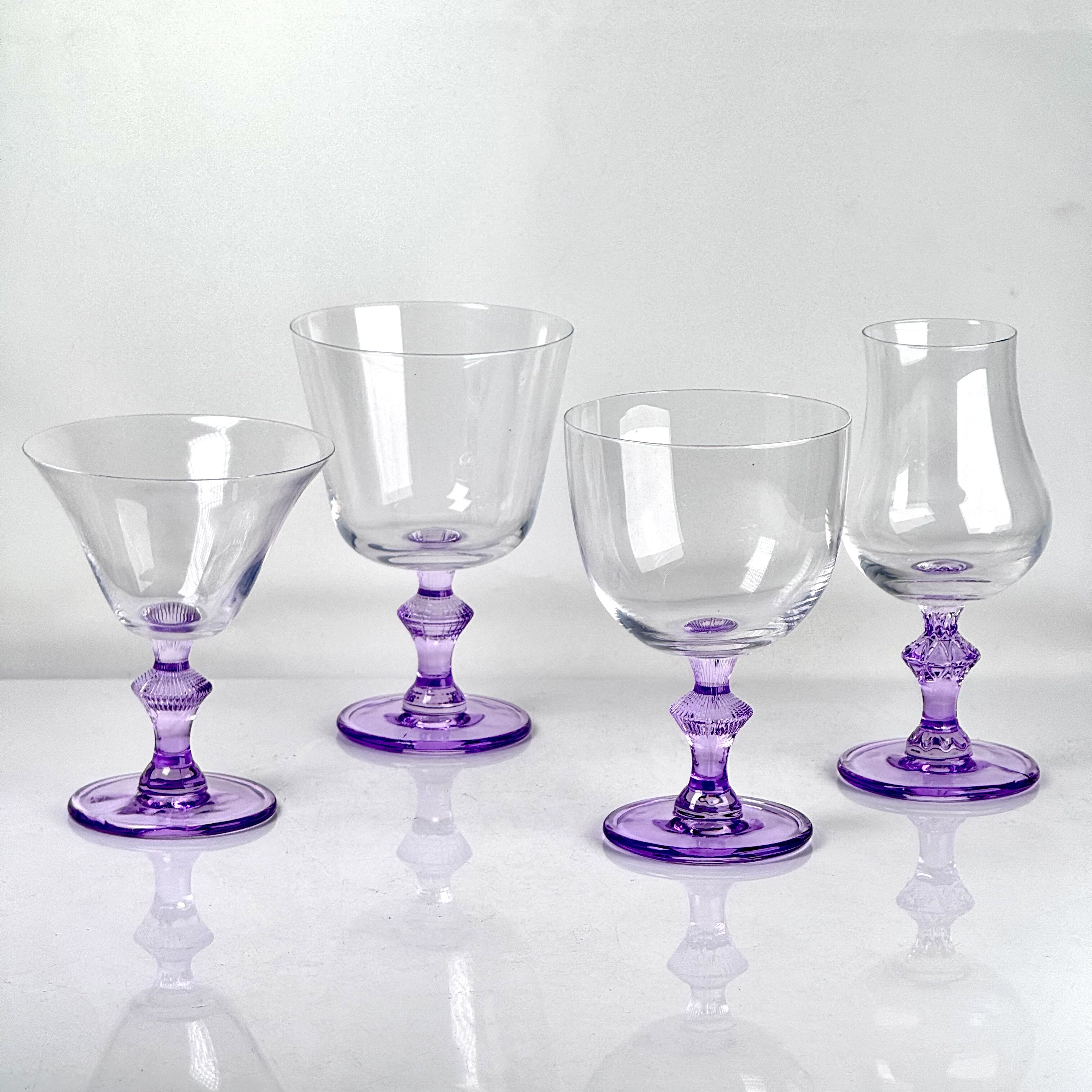 Quality 4‑Pack Vintage Purple Stem Wine Glasses, Assorted Shapes Clear Cup with for sale