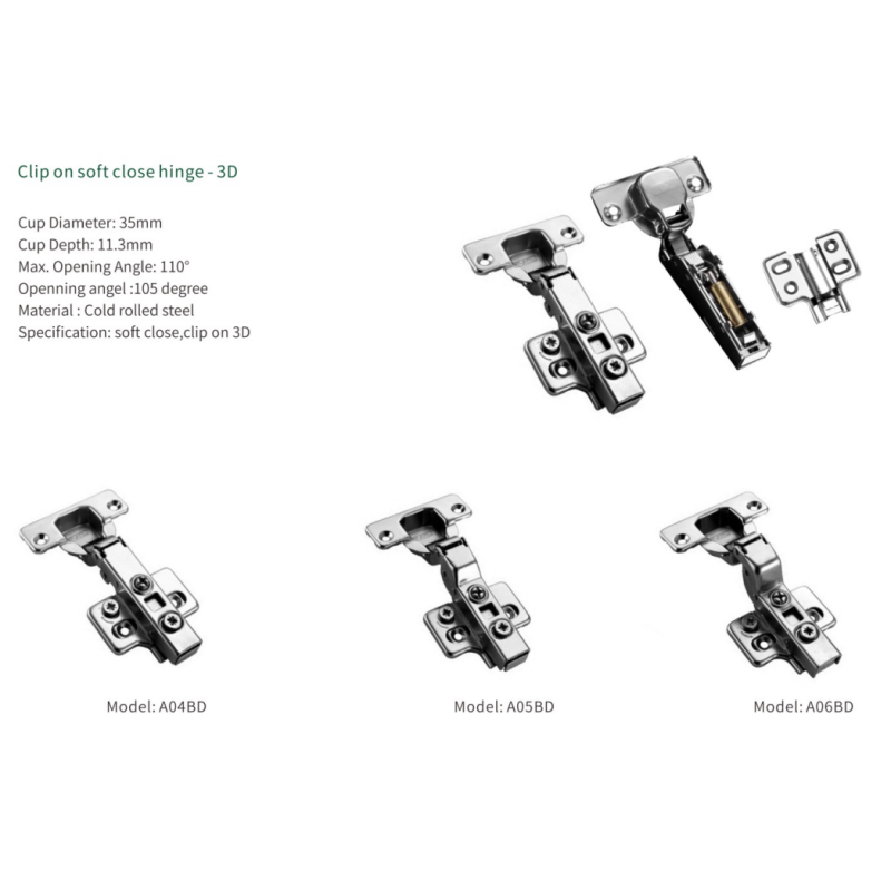 A04BD 110° 3D Clip on Soft Closing Cupboard Hinge supplier