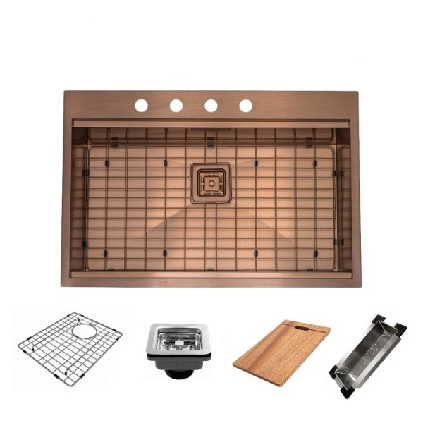 Quality Copper Basin Single Drop In Kitchen Workstation Sink Square downspout Drainer for sale
