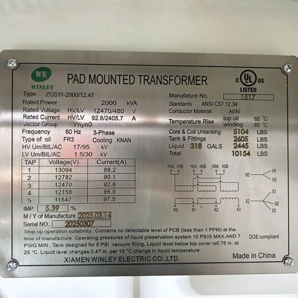 Quality 2000Kva Three Phase Pad Mounted Transformer Oil Immersed 12.47KV Distribution UL for sale
