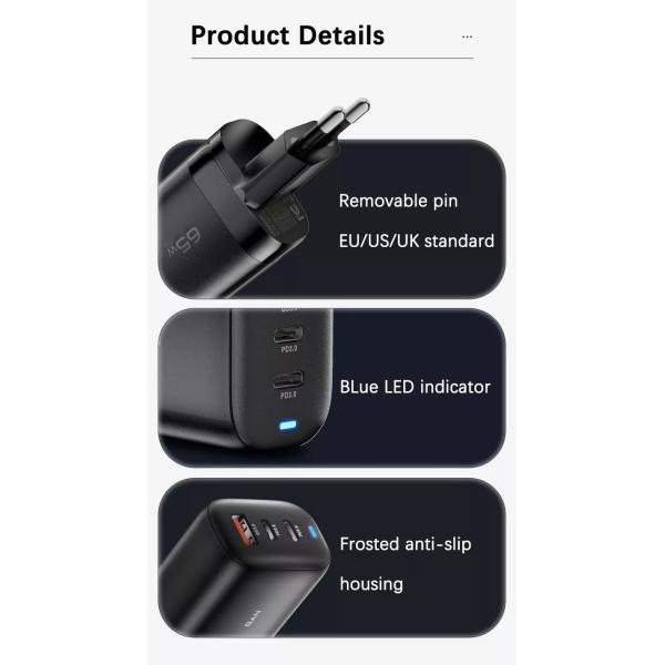 Quality 65W USB Type C GAN Wall Charger EU Plug for Fast Charging Laptops and Phones for sale