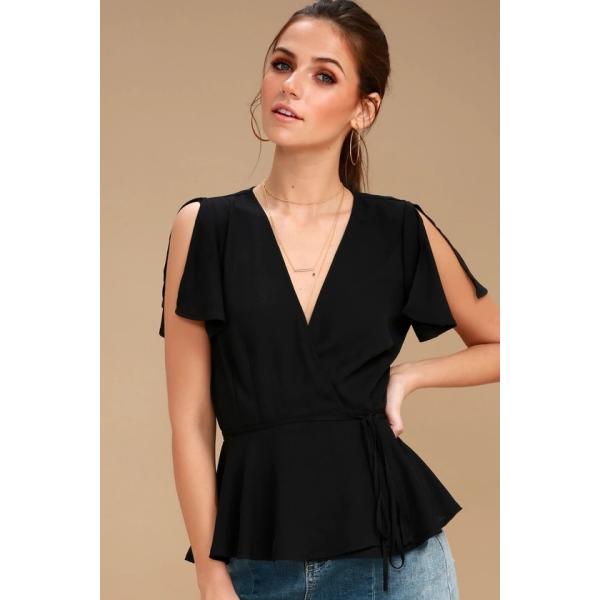 Quality Modesty V Neck Fashion Black Women Top With Plunging Neckline for sale