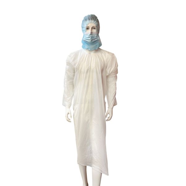 Quality Machine Made Waterproof Long Sleeves Disposable PE Work Gown With Roll Packaging for sale