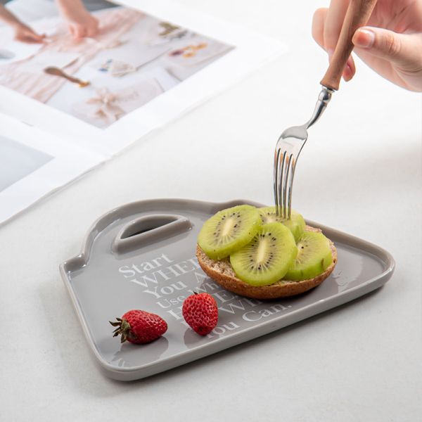 Quality Under Glazed Technique Ceramic Snack Plate Set For Cute Bag Shape Gray Serving Plate for sale