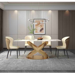 Quality White Rectangular Stone Dining Table Chair Sets Bronze Pedestals for sale
