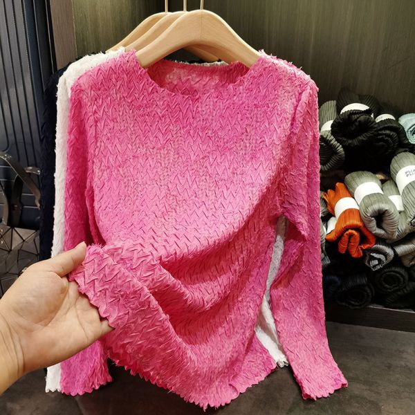 Quality Women's Long Sleeve T-Shirt Paper Wrinkle Texture Rhinestone Heavy Craft Casual Solid French Fashion for Spring New Top for sale