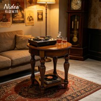 Quality Traditional Solid Wood Round End Table 2-Tier Vintage Side Table with Carved for sale