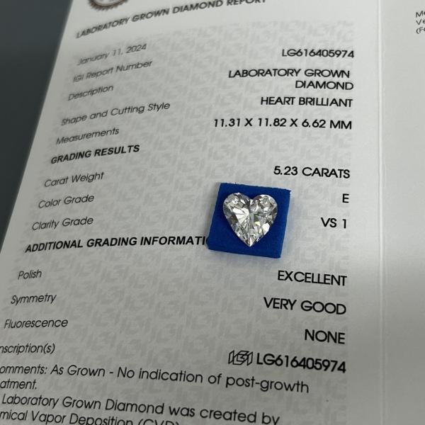 Quality 5.23ct Grown Brilliance Diamonds Heart Cut CVD E Color VS1 Clarity 2EX N IGI for sale