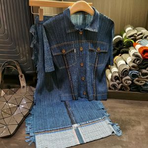 Quality Vintage New Style Denim Pleated Suit Women's Single Breasted Short Sleeve Top + for sale