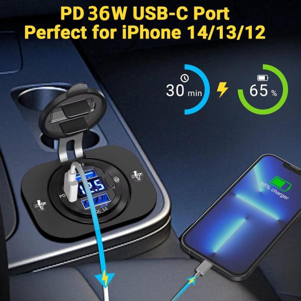 Quality Fast Car Charger Type C Power Outlet UBS For Car With Voltmeter for sale