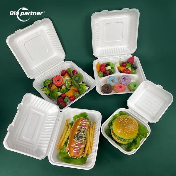 Quality Biodegradable Burger Lunch Box 3 Compartment Takeaway Bagasse Pulp Food for sale