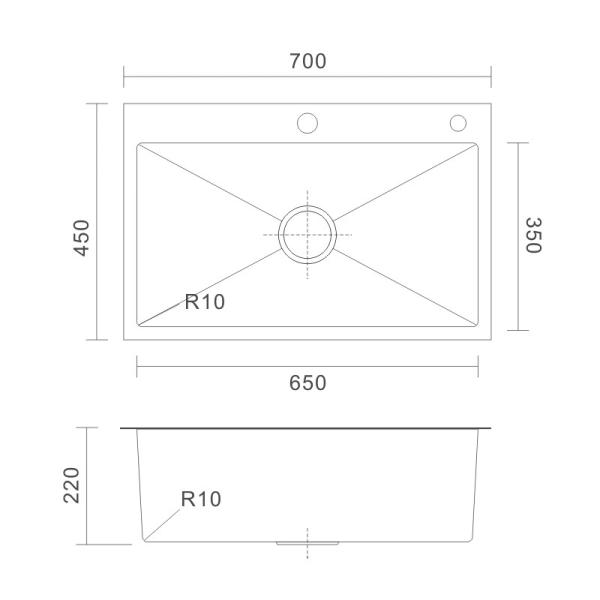Quality 70x45 Topmount Stainless Steel Kitchen Sink Rectangular 16 Gauge Single for sale