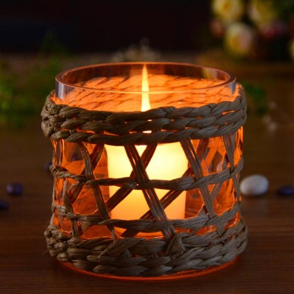 Quality Round Creative Glass Candle Holders With Wicker Sleeve for sale