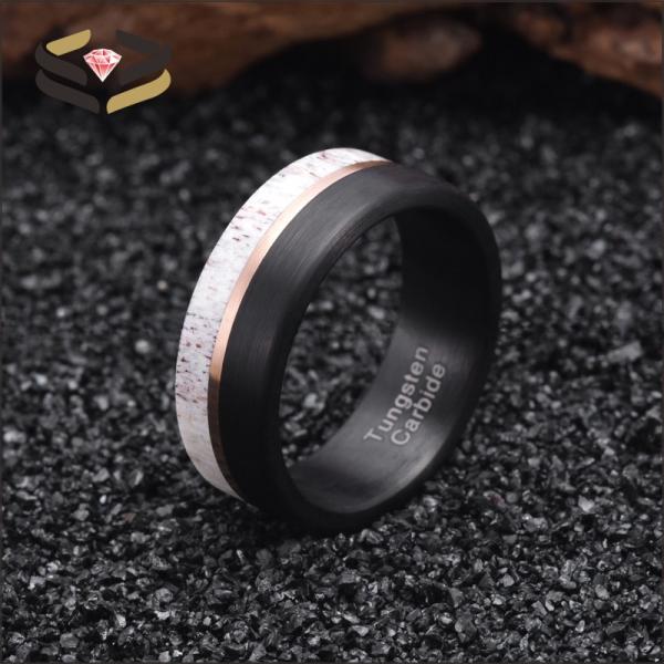 Quality 8mm Black Tungsten Ring with Deer Antler and Rose Gold Strip Inlay The Ultimate Wedding Essential for sale