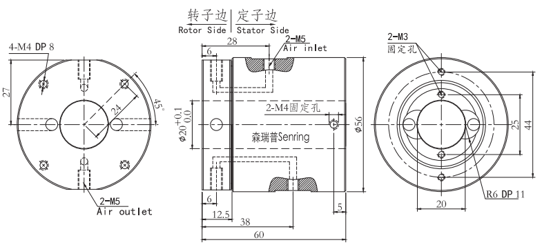 3402004 series 3402004 Series Two Passage Hollow Shaft Rotary Unions slip ring Drawing 
