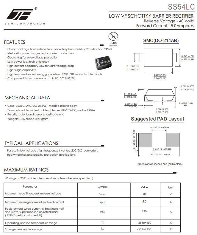 SS54LC/SS56LC/SS510LC/SS515L/SS520LC Low Vf Schottky Diodes With SMC Package
