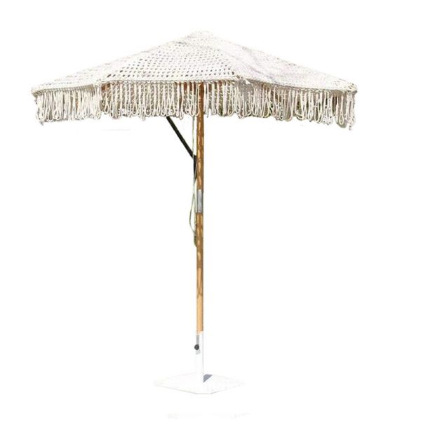 Quality Contemporary Design Style Outdoor Patio Macrame Parasols Beach Wood Umbrella 2.5mm Wooden Pole for sale