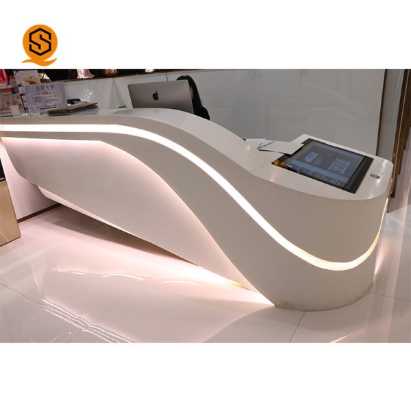 Quality Led Light Shopping Mall 2 Person White Solid Surface Reception Desk With Monitor for sale