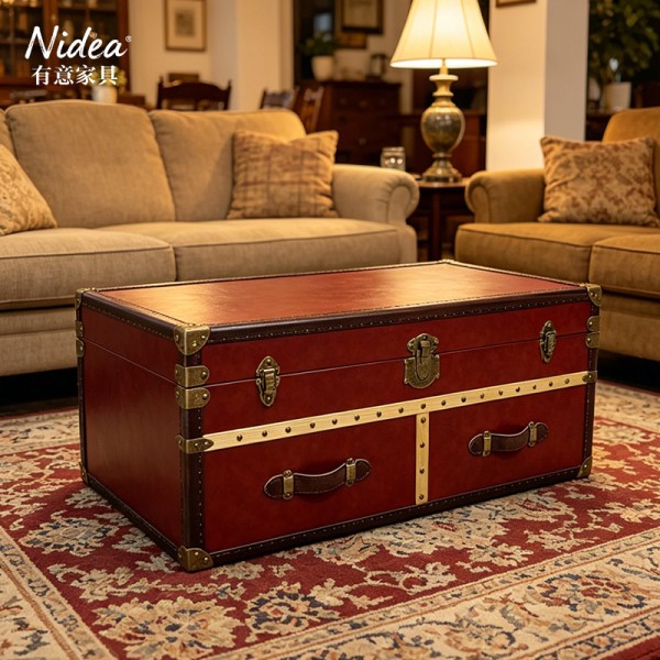 Quality Vintage Burgundy Faux Leather Steamer Trunk Storage Chest Wood Trim Coffee Table with Antique Hardware for Living Room Hotel Use for sale
