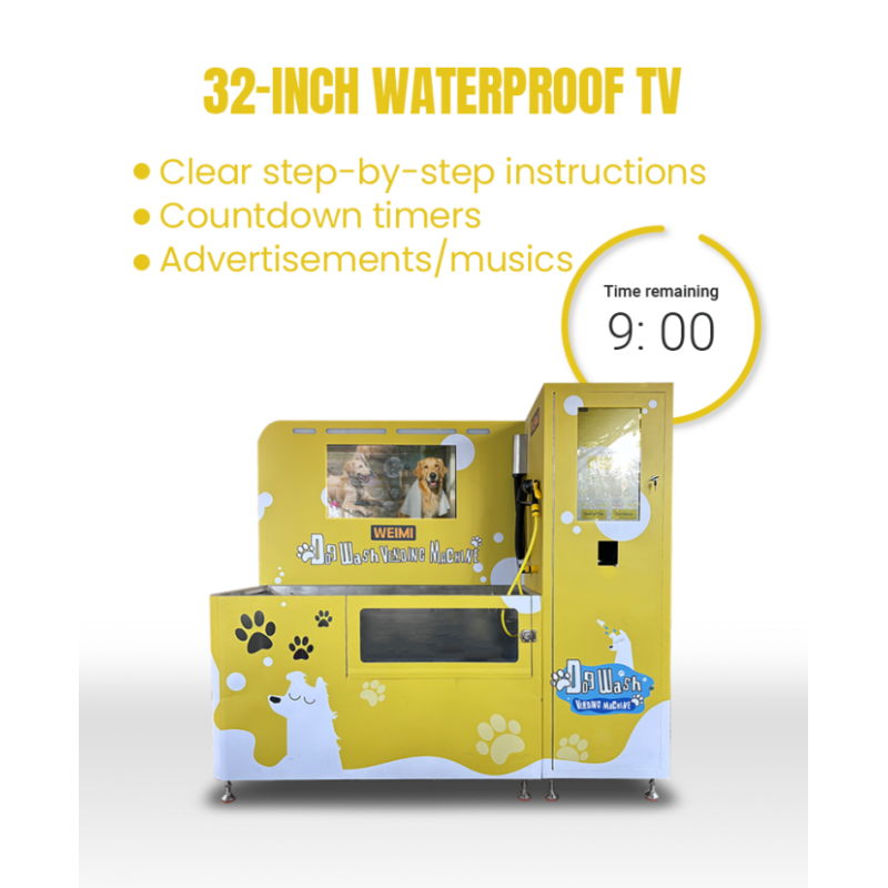 There is a 32 inch big screen on the dog wash machine to play ads