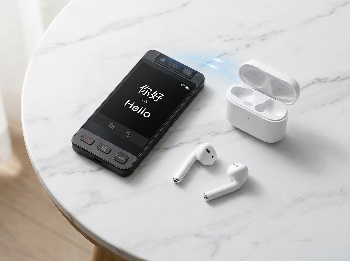 Yingmi F80 translator paired with Bluetooth earbuds, Bluetooth 4.0 wireless connectivity