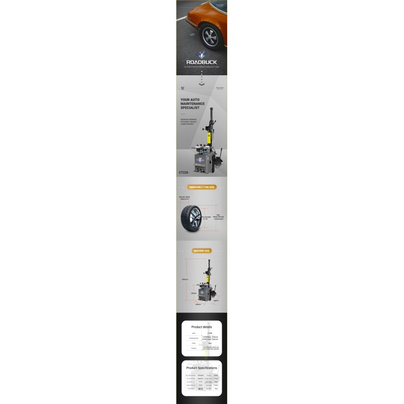 Roadbuck CT226 tire changer front view showing professional construction and controls